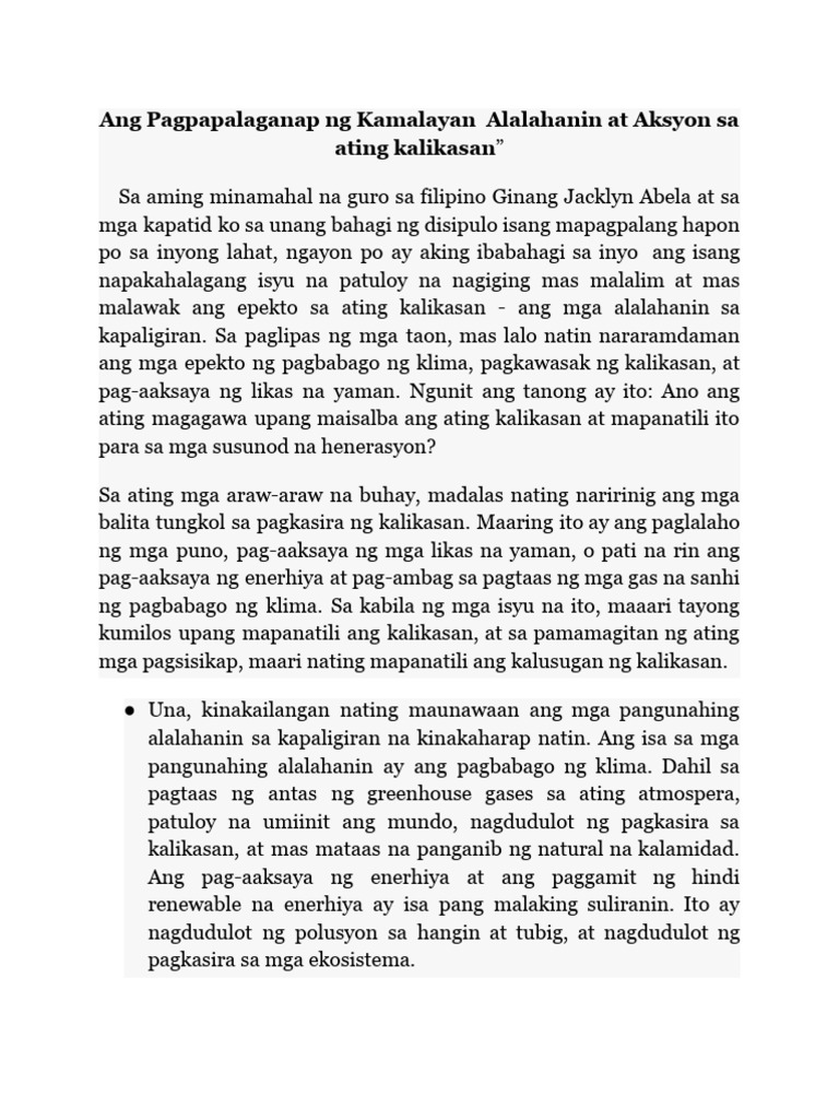 Talumpati Tungkol Sa Mga Alalahanin Sa Kalikasan Ang Pagpapalaganap NG Kamalayan at Aksyon | PDF