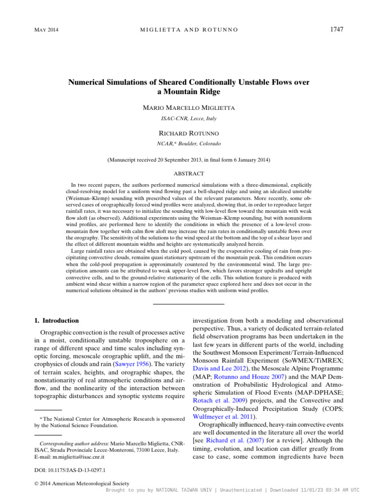 Numerical Simulations of Sheared Conditionally Unstable Flows Over A Mountain Ridge | PDF ...