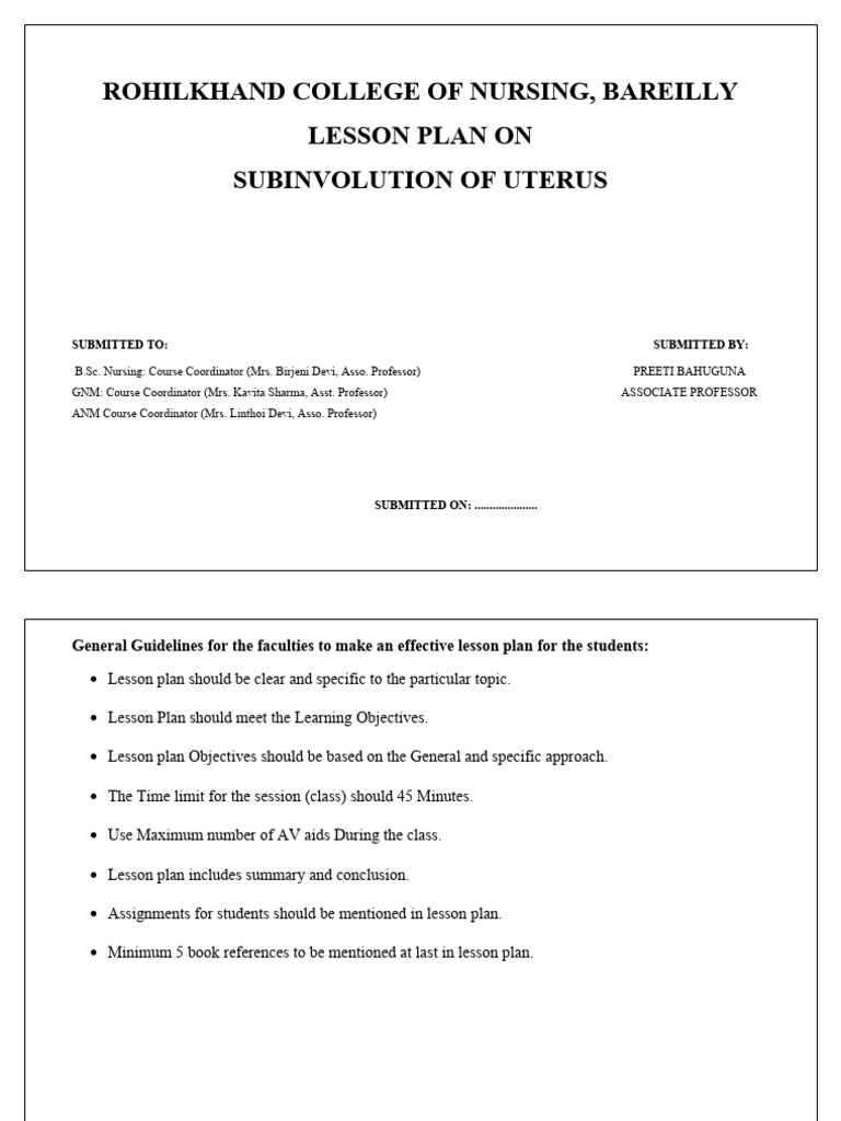 Lesson Plan On Subinvolution Of Uterus Pdf Lesson Plan Learning