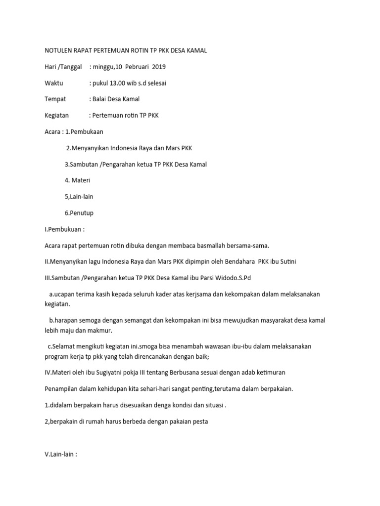 Notulen Rapat Pertemuan Rotin TP PKK Desa Kamal | PDF
