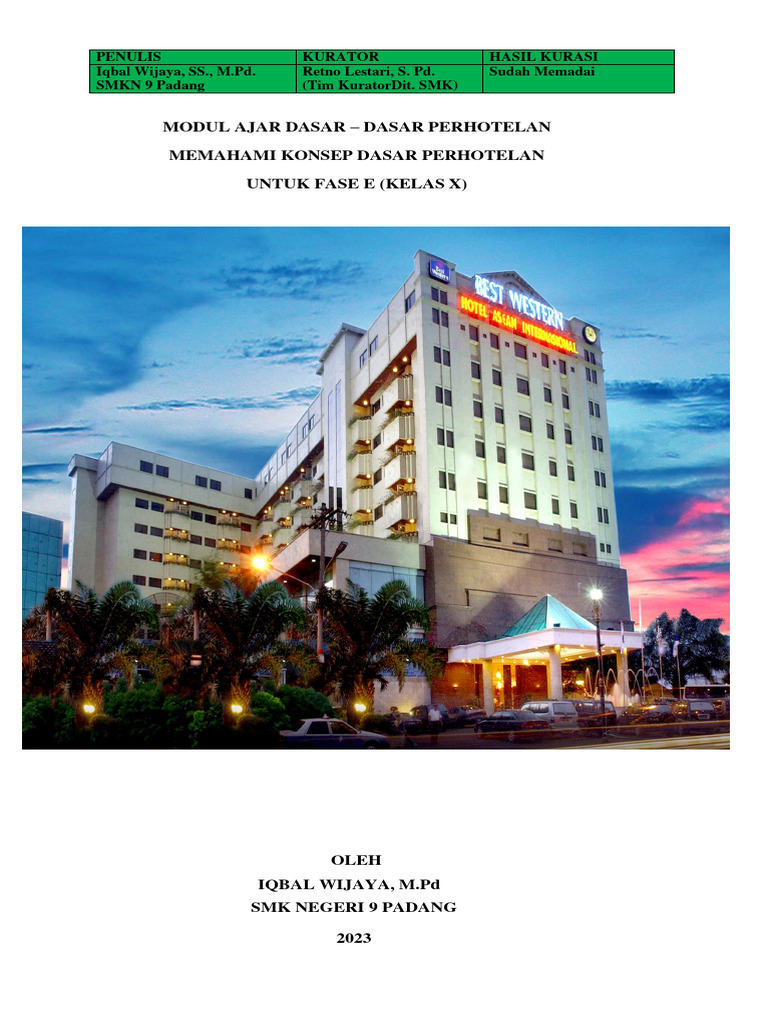 Modul Ajar Dasar-Dasar Perhotelan - Memahami Konsep Dasar Industri Perhotelan - Fase E | PDF