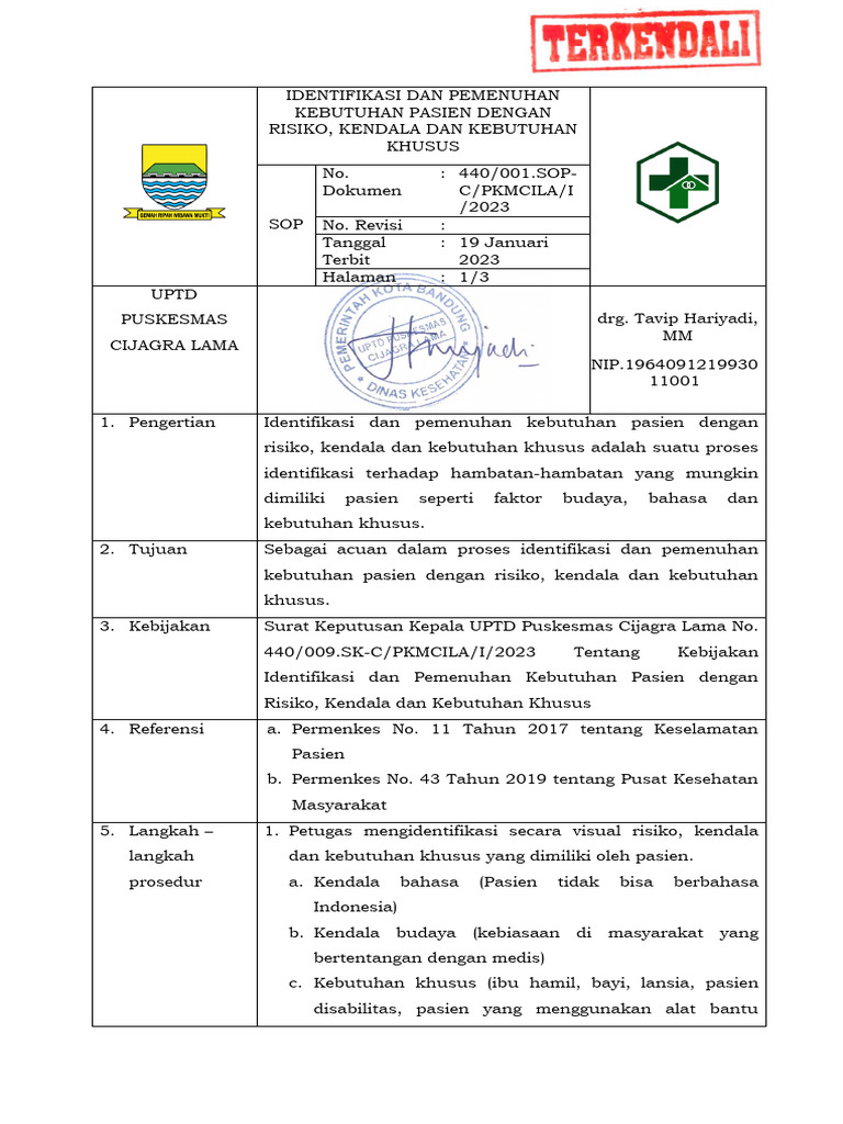 2) SOP Identifikasi Dan Pemenuhan Kebutuhan Pasien Dengan Risiko, Kendala, Dan Kebutuhan Khusus ...