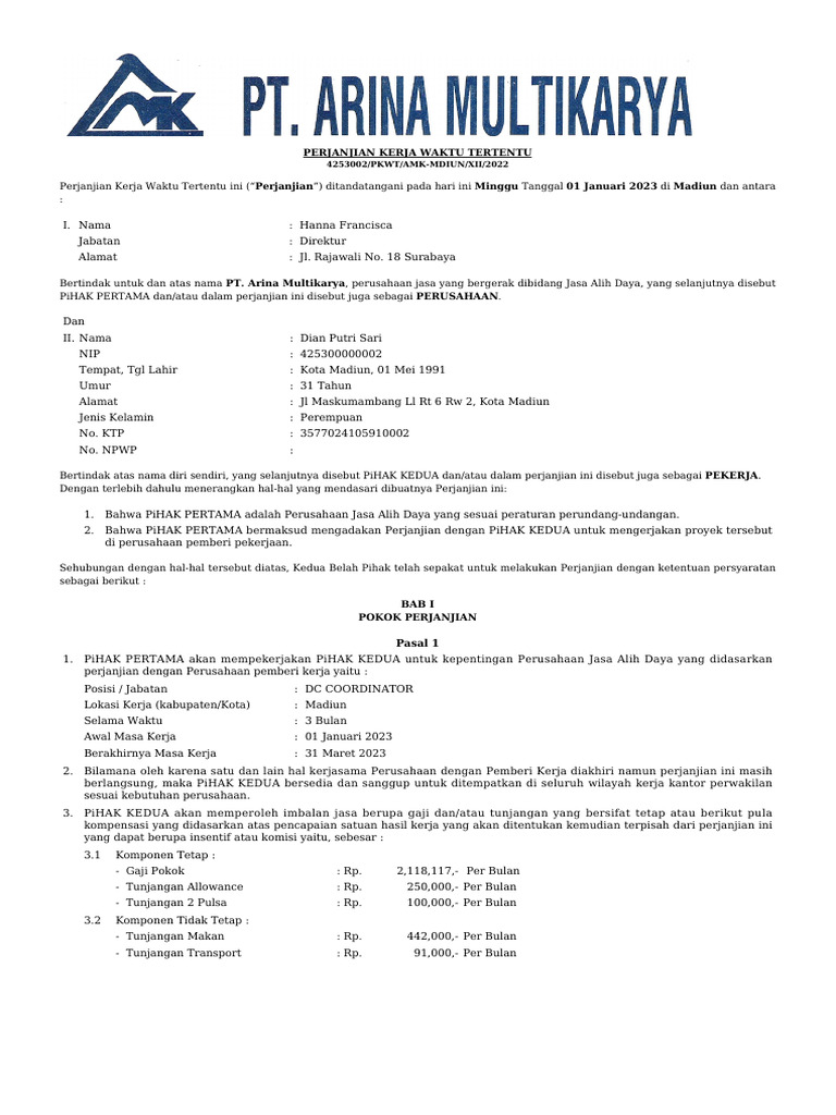Perjanjian Kerja Waktu Tertentu: 4253002/PKWT/AMK-MDIUN/XII/2022 | PDF