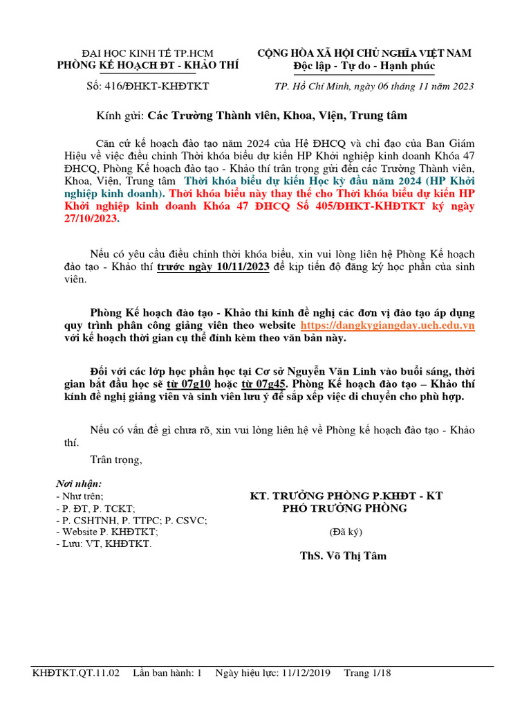 KHĐTKT.QT.11.02.TKB DỰ KIẾN HK ĐẦU NĂM 2024 HỆ CHÍNH QUY - sắp xếp theo ngành chuyên ngành ...