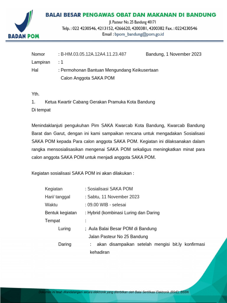Surat Undangan Sosialisasi Saka POM Kota Bandung | PDF
