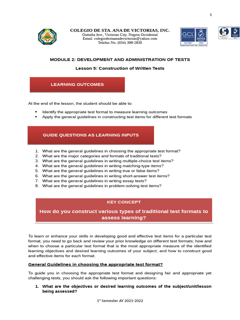 Lesson 5 Construction of Written Tests | PDF | Multiple Choice | Learning