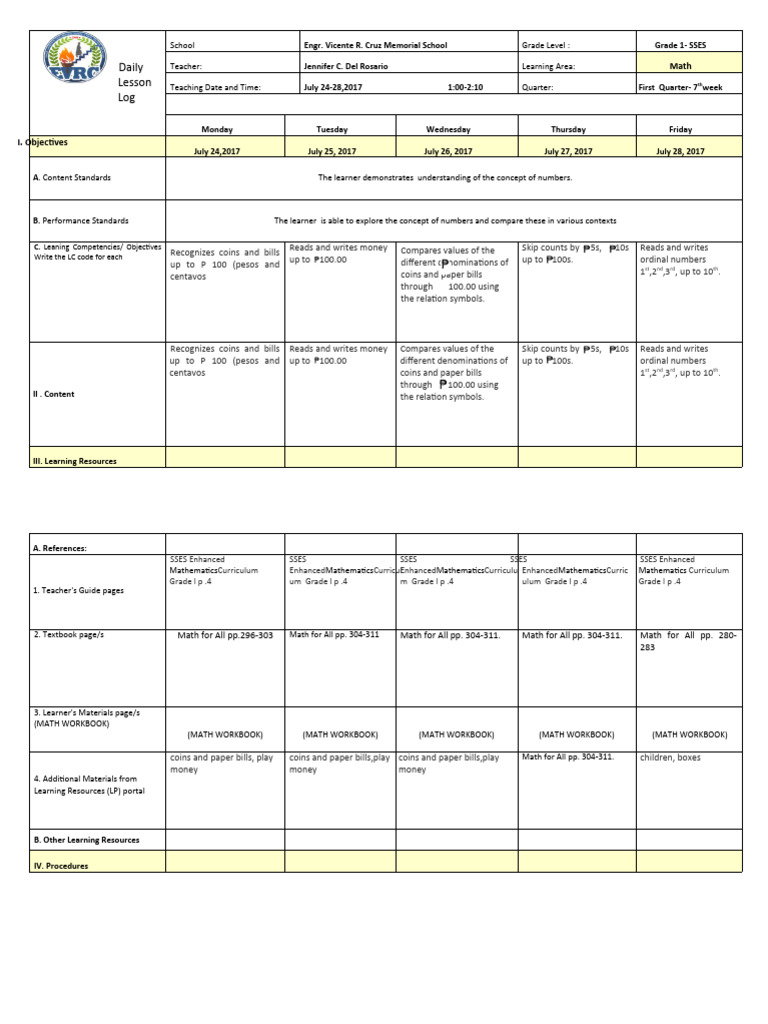 Week 8 Math DLL | PDF | Learning | Coins