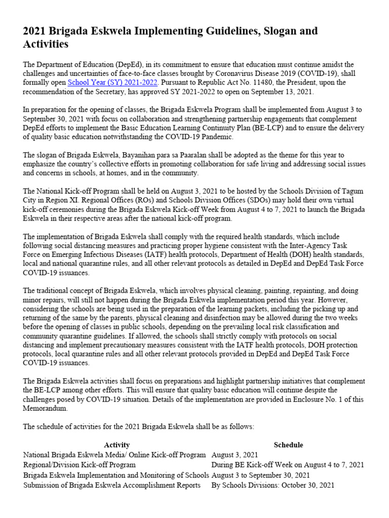 2021 Brigada Eskwela Implementing Guidelines | PDF | Emergency Management