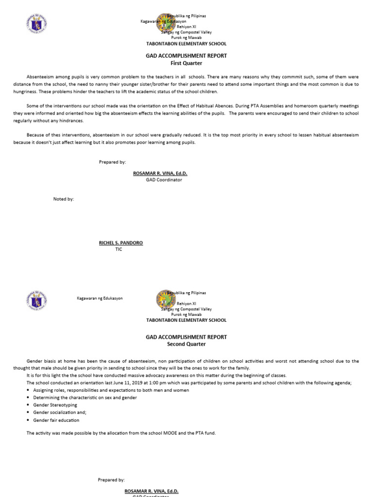 Gad Accomplishment Report First Quarter: Tabontabon Elementary School ...