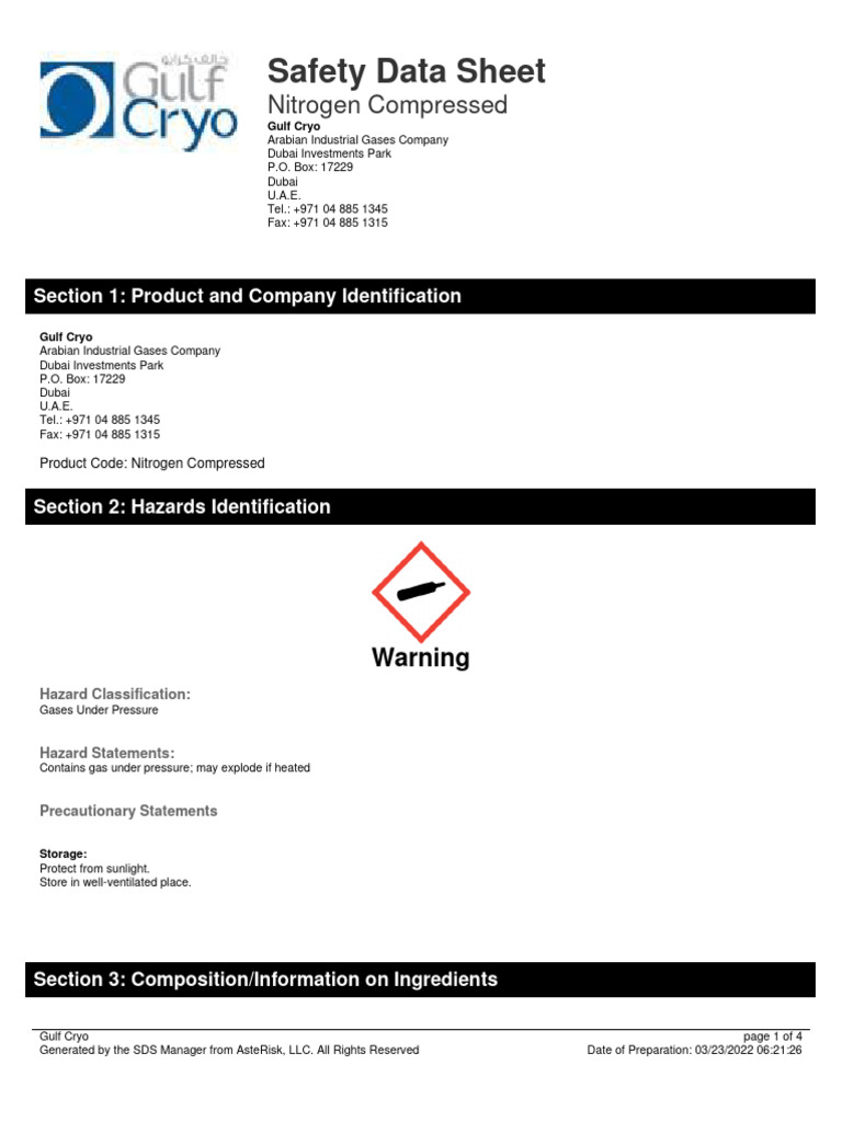 Nitrogen Compressed Gas Safety Data Sheet | PDF | Nitrogen ...