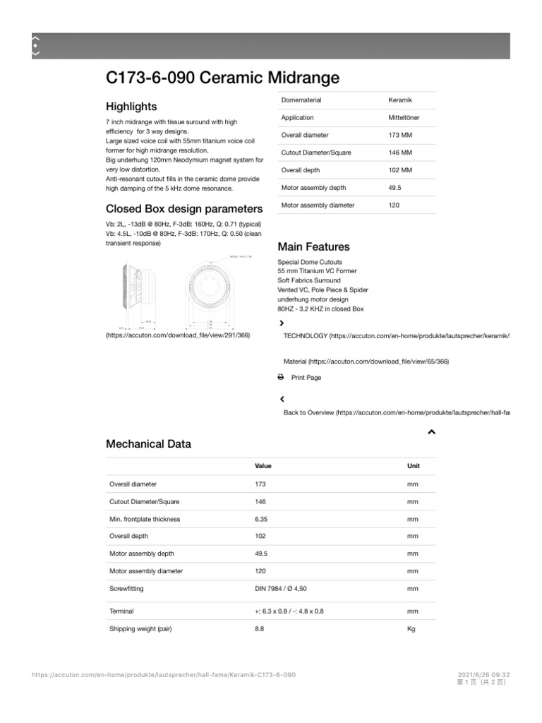 Accuton C173-6-090 Midrange Speaker Specs | PDF | Inductor | Electronics