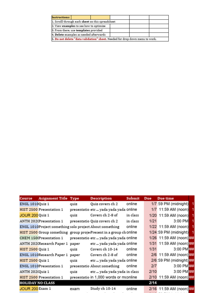 Assignment - Class Schedule Template Organizer TEMPLATE - Provided by | PDF