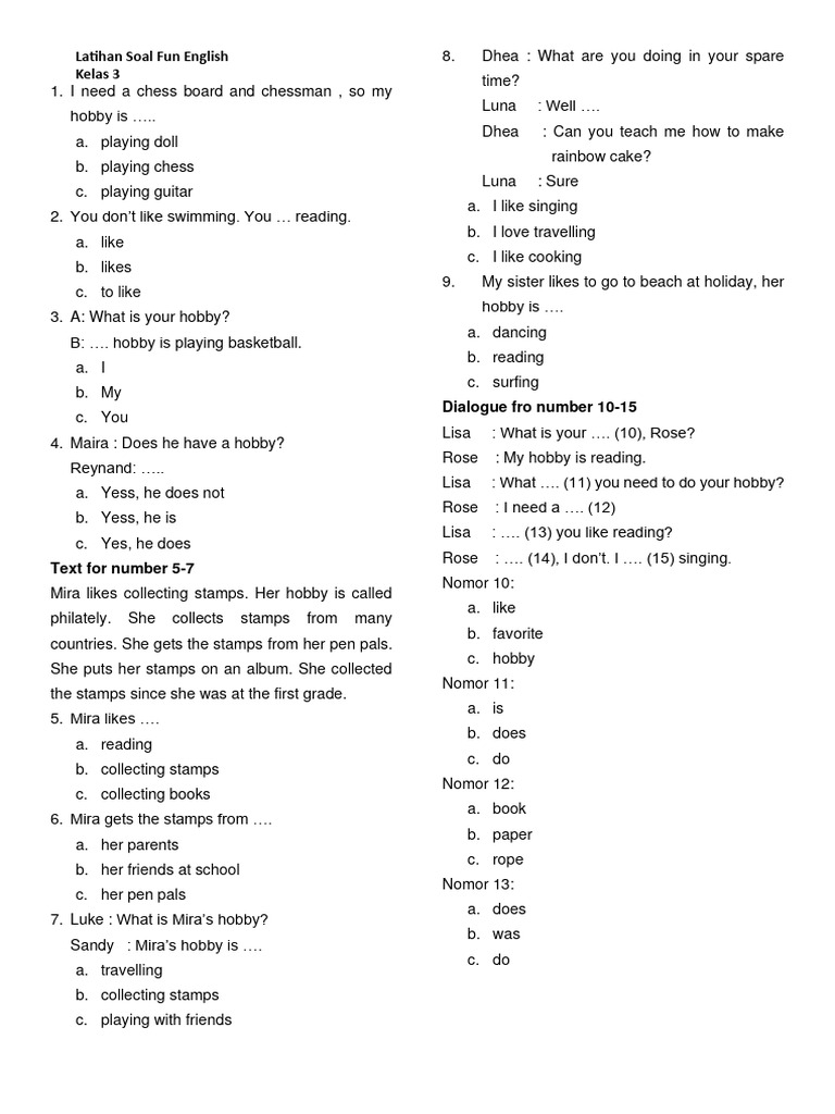 Latihan Soal Fun English Bab Hobby | PDF