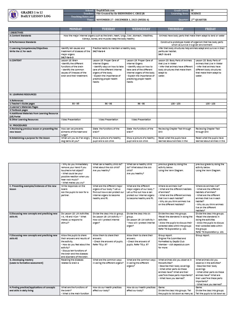 DLL - Science 4 - Q2 - W4 | PDF | Learning | Cognition