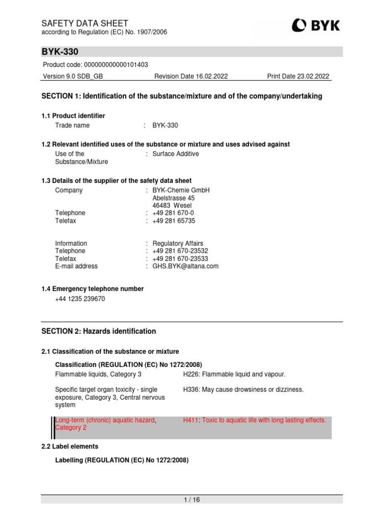 Byk-330 SDS | PDF | Dangerous Goods | Toxicity