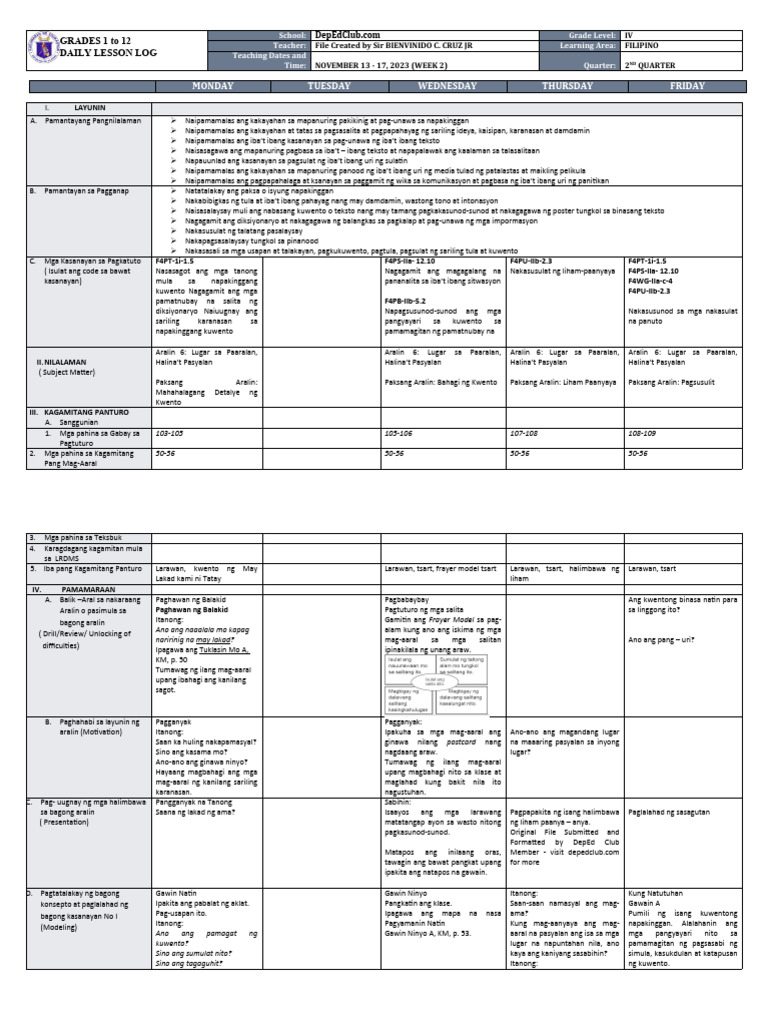 DLL - Filipino 4 - Q2 - W2 | PDF