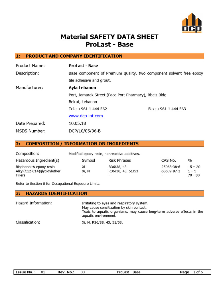 ProLast - Base - MSDS | PDF | Personal Protective Equipment | Toxicity