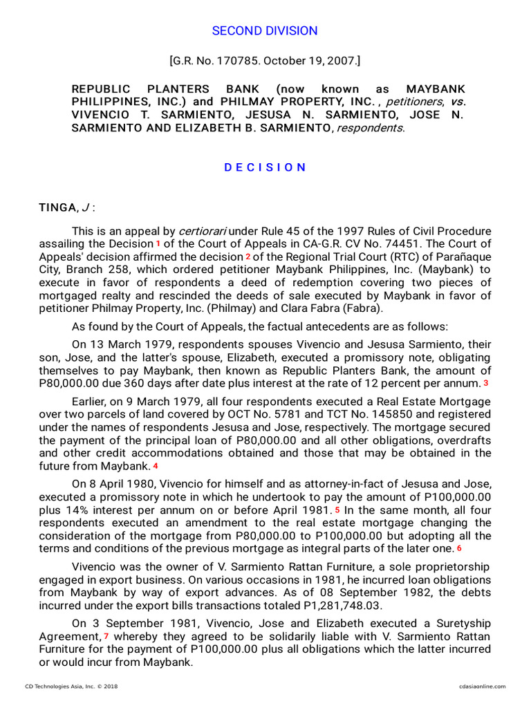 Maybank vs. Sarmiento: Redemption Case | PDF | Mortgage Law | Foreclosure