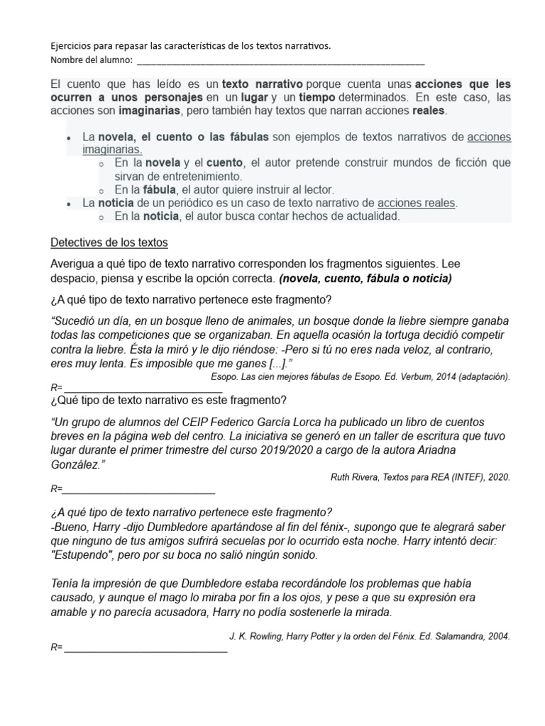 Ejercicios para Repasar Los Textos NARRATIVOS 2 | Descargar gratis PDF ...