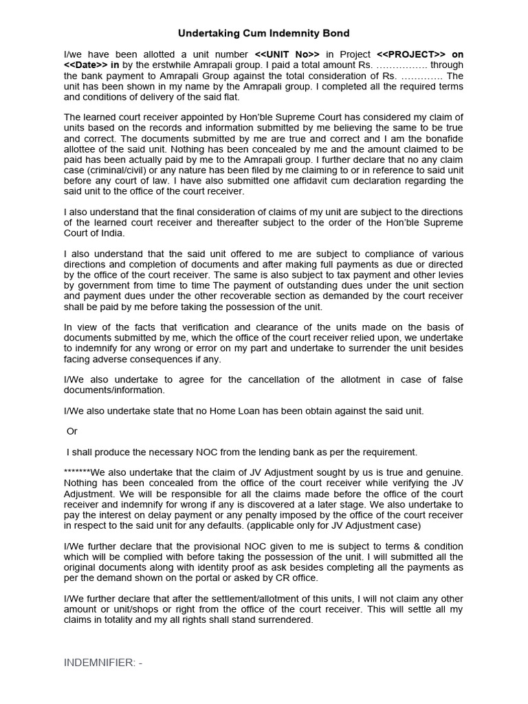 Undertaking Cum Indemnity Bond | PDF | Loans | Common Law