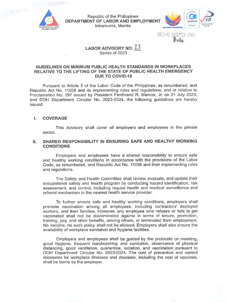 Labor Advisory No. 23 23 Guidelines On Minimum Public Health Standards ...