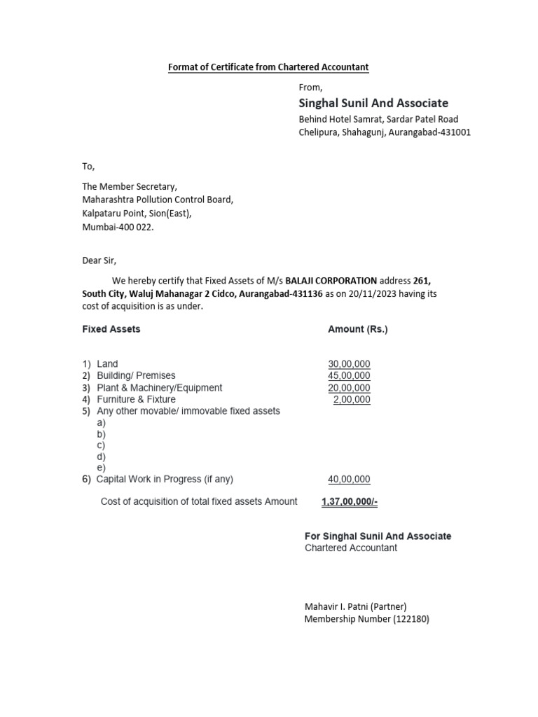Fixed Assets Certificate by CA | PDF