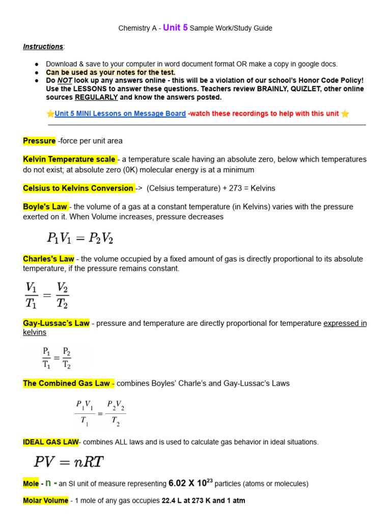 Unit 5 Study Guide - Sample Work | PDF | Gases | Temperature