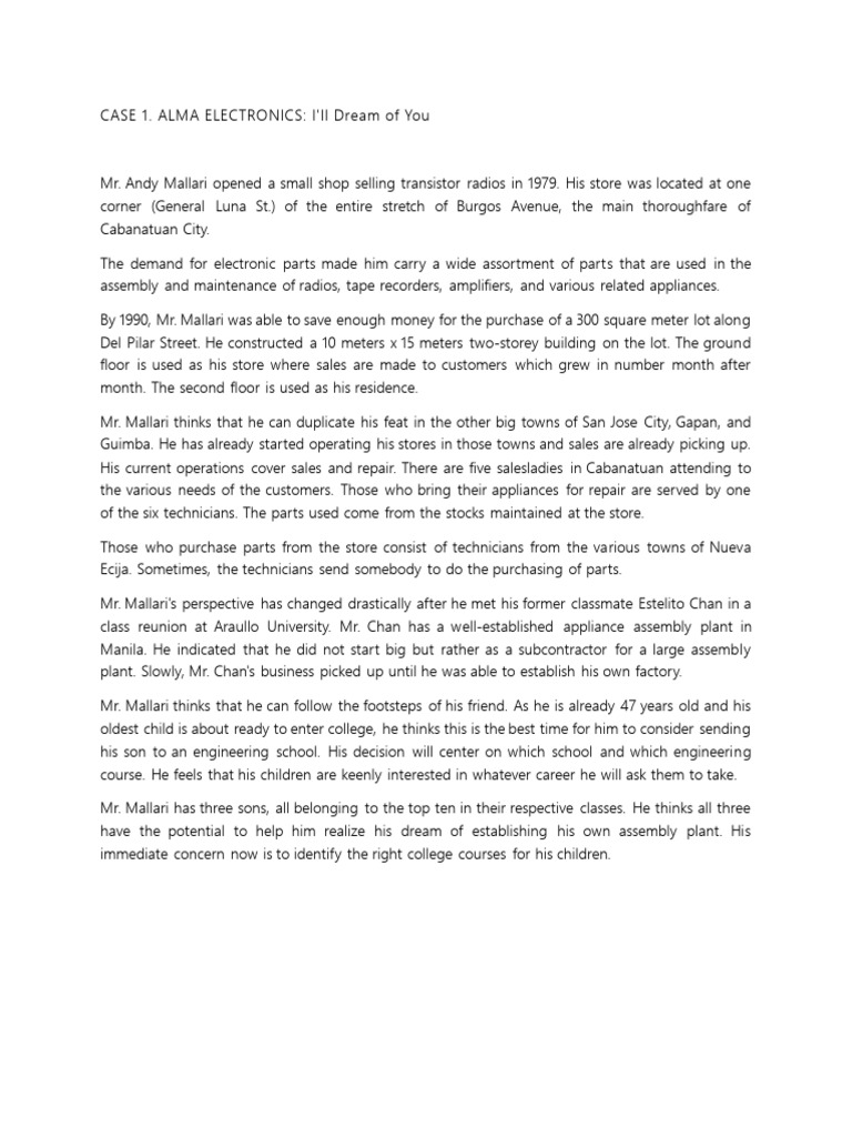 Case 1 ALMA ELECTRONICS - I'll Dream of You | PDF | Electronics