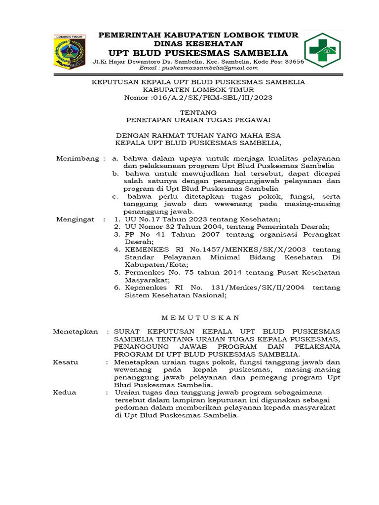 1.3.2.1 SK Tentang Penetapan Uraian Tugas Pegawai | PDF