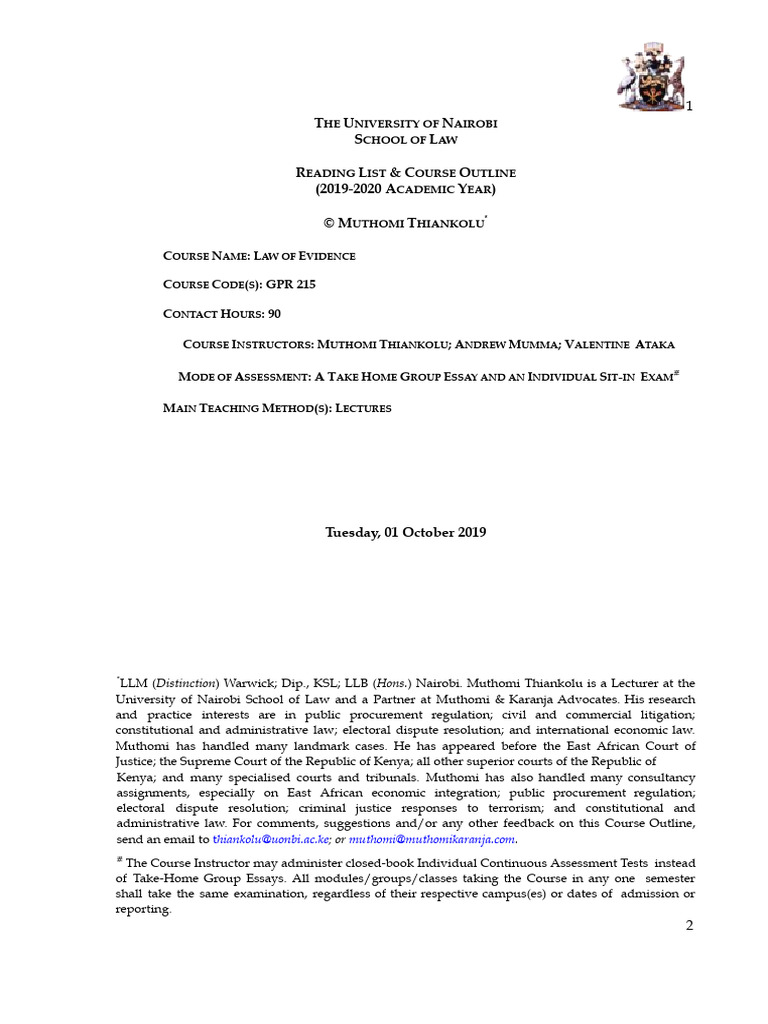 Course Outline - Evidence Law | PDF | Evidence (Law) | Separation Of Powers