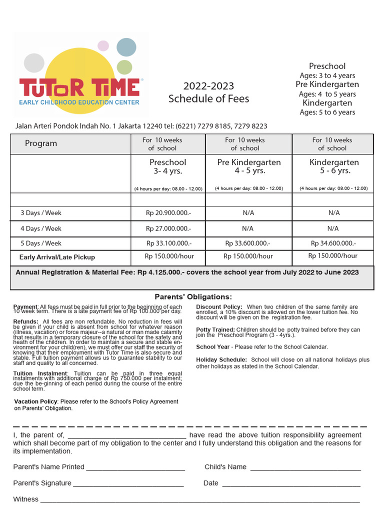 Tutor Time Pondok Indah - Fees of 3 - 6 Yo | PDF | Economies