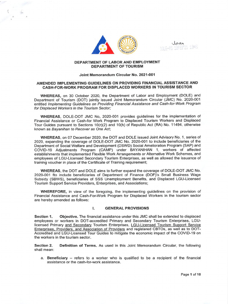 DOLE DOT Joint Memorandum Circular No. 2021 001 Amended Implementing ...