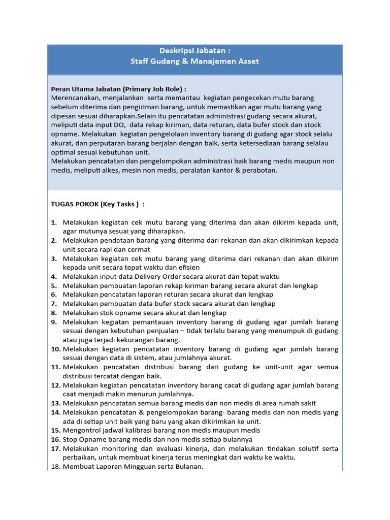 Jobdes Gudang - Staf Gudang & Manajemen Asset (Final) | PDF