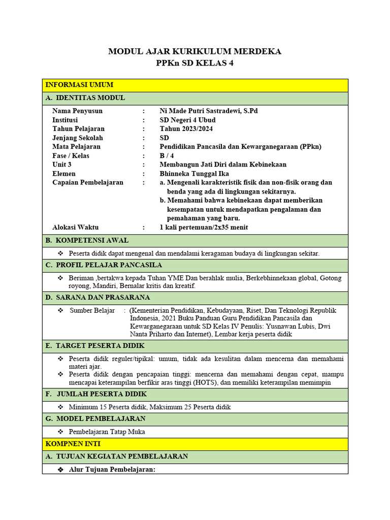 Modul Ajar Pendidikan Pancasila Kelas 4 | PDF