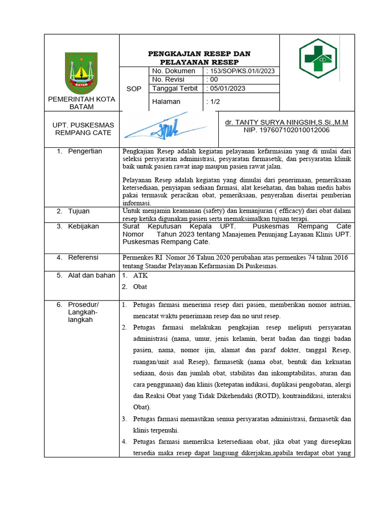 Sop Pengkajian Resep Dan Pelayanan Resep Pdf
