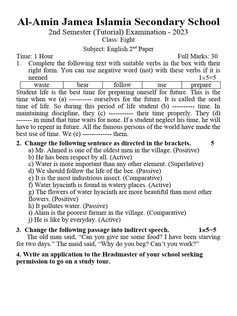Class 8 English 2nd Paper Exam 2023 | PDF | Foreign Language Studies ...