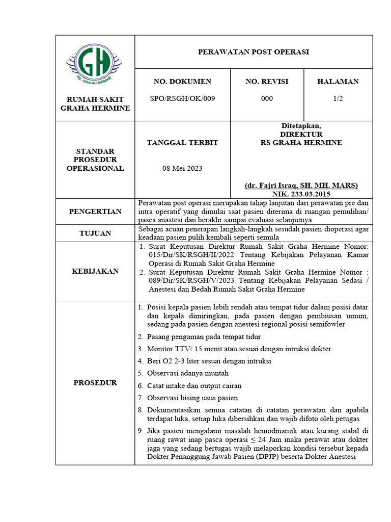 Panduan Perawatan Post Operasi | PDF