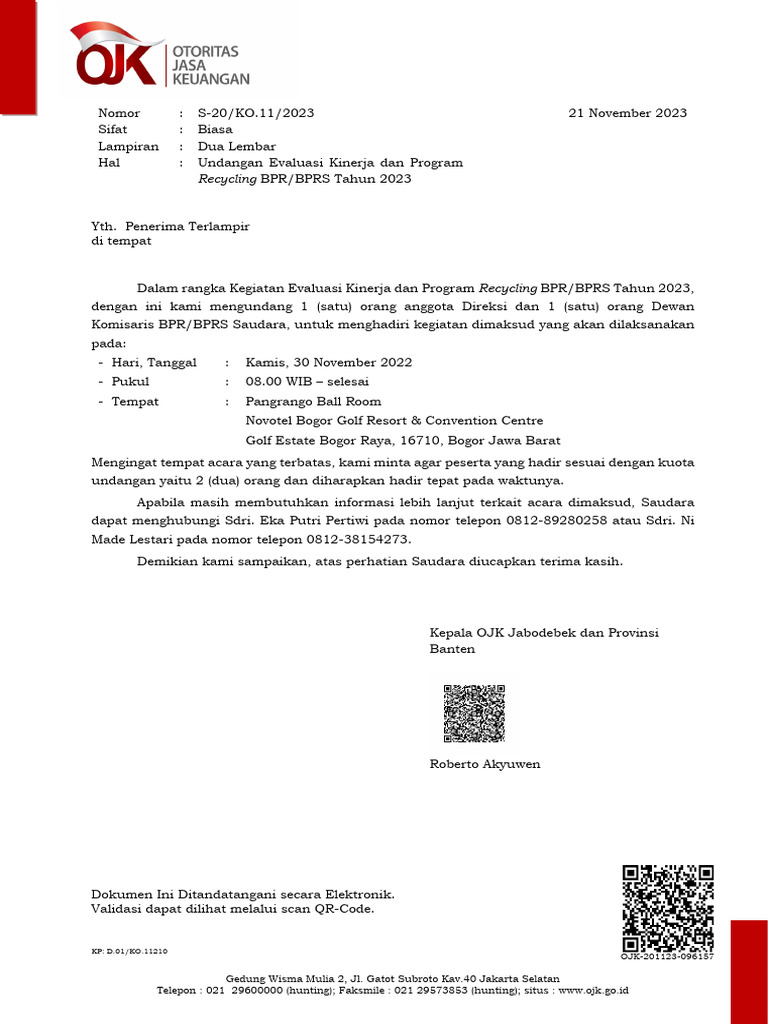 S-20.KO.11.2023 - 211123 - Undangan Evaluasi Kinerja Dan Program Recycling BPR - BPRS Tahun ...