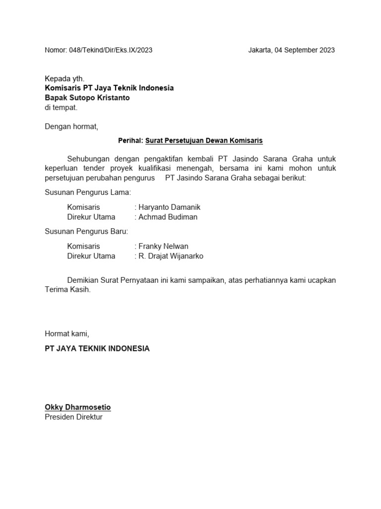 Surat Persetujuan Dewan Komisaris | PDF