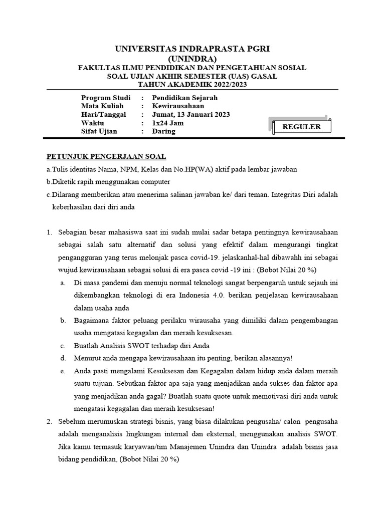 Universitas Indraprasta Pgri (Unindra) : Reguler | PDF