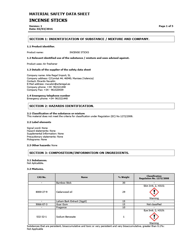 Incense Sticks MSDS | PDF | Toxicity | Nature