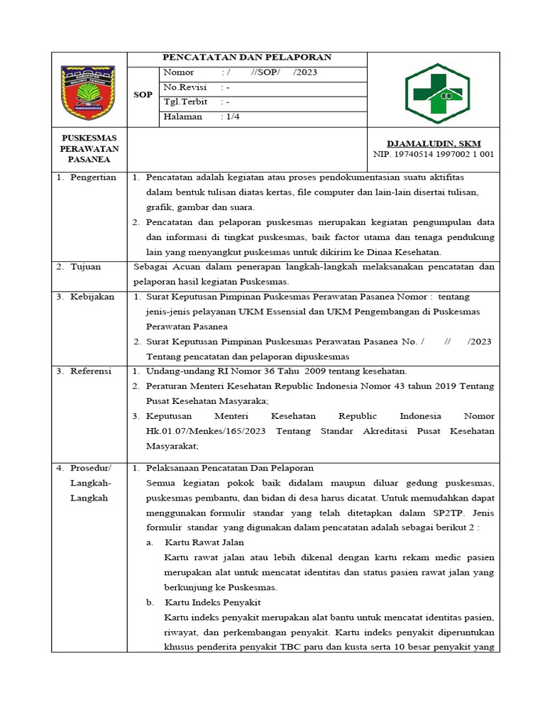 SOP Pencatatan Puskesmas | PDF