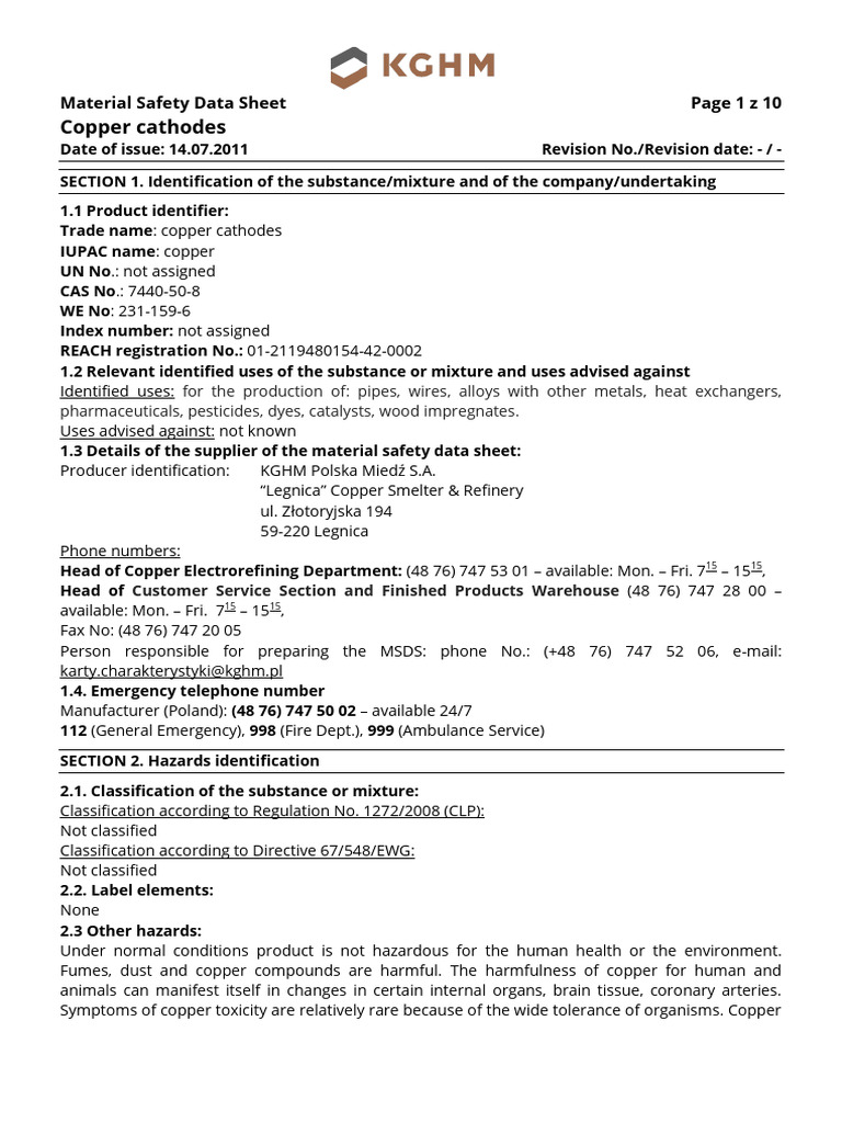 En HML Msds Copper Cathodes | PDF | Toxicity | Waste