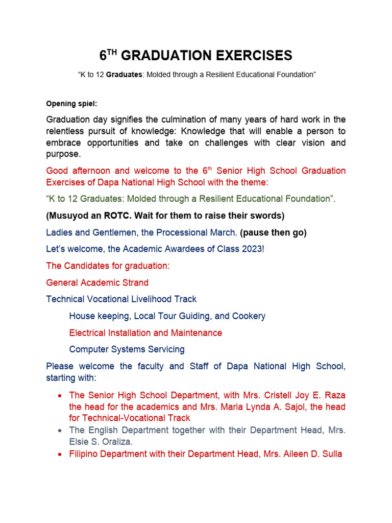 6th Graduation Exercises Script | PDF | Foreign Language Studies | Wellness