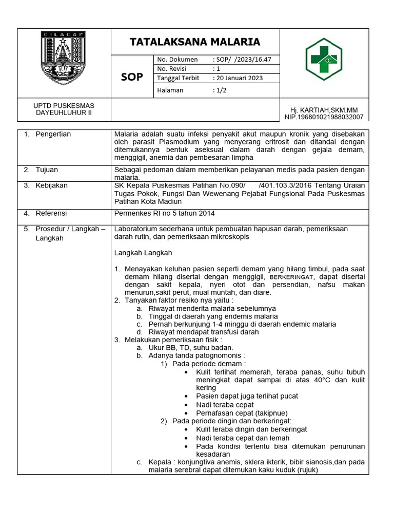 Sop Tata Laksana Malaria | PDF