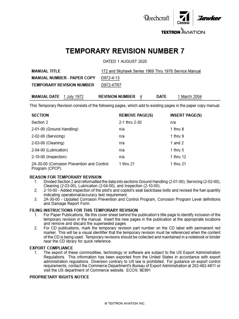 Temporary Revision Number 7: © Textron Aviation Inc | PDF | Motor Oil ...