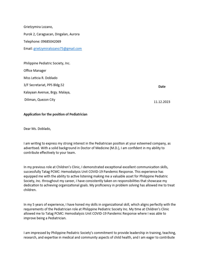 Application Letter GRIETZY | PDF | Pediatrics | Doctor Of Medicine