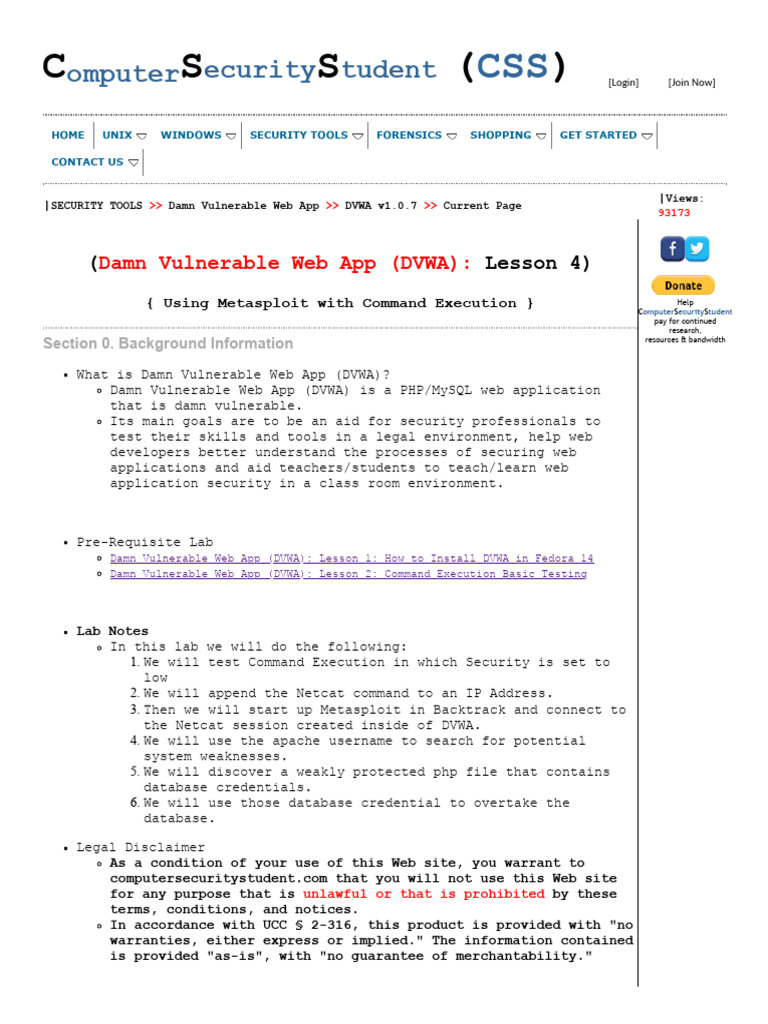 Damn Vulnerable Web App (DVWA) - Lesson 4 - Using Metasploit With Command Execution | PDF ...