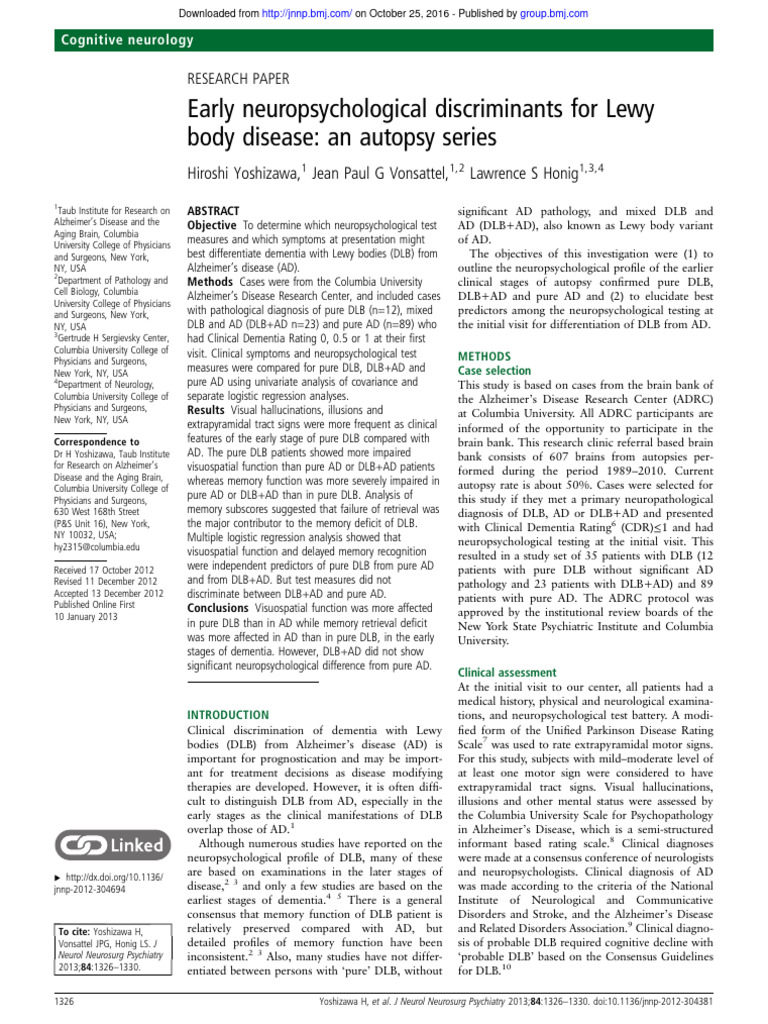 Early Neuropsychological Discriminants For Lewy Body Disease An Autopsy ...