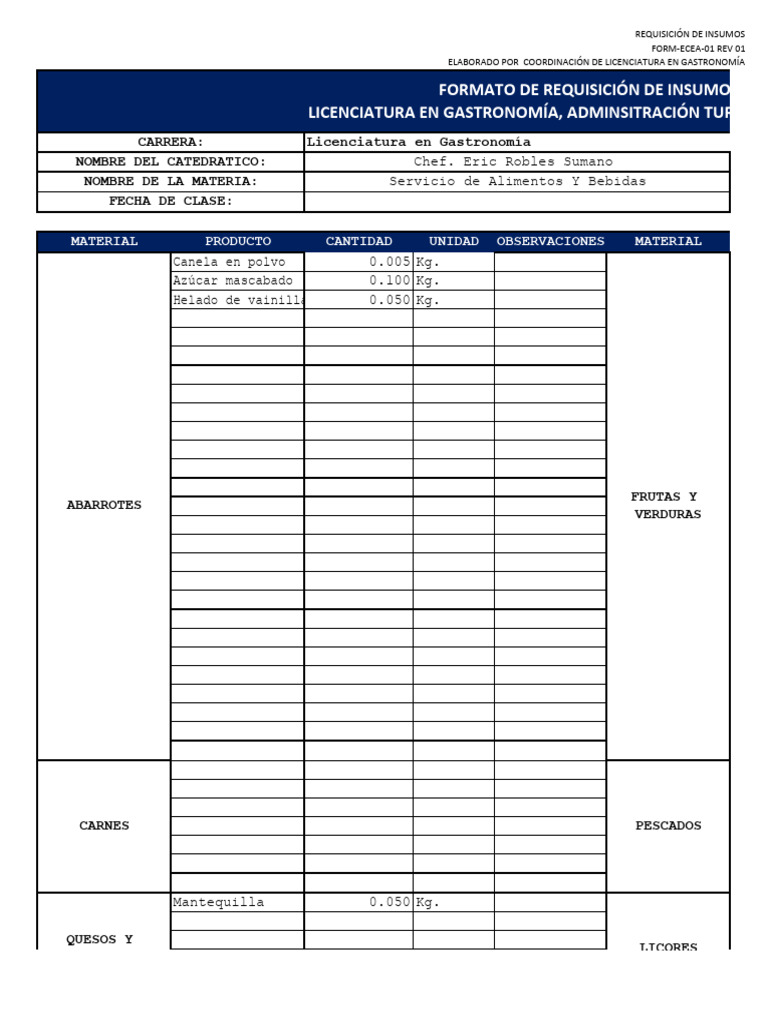 Formato Requisición 2023 | PDF | Cocina | Comida y bebida